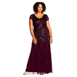 adrianna papell women's plus size floor length beaded cap sleeve v-neck dress, cassis, 16w