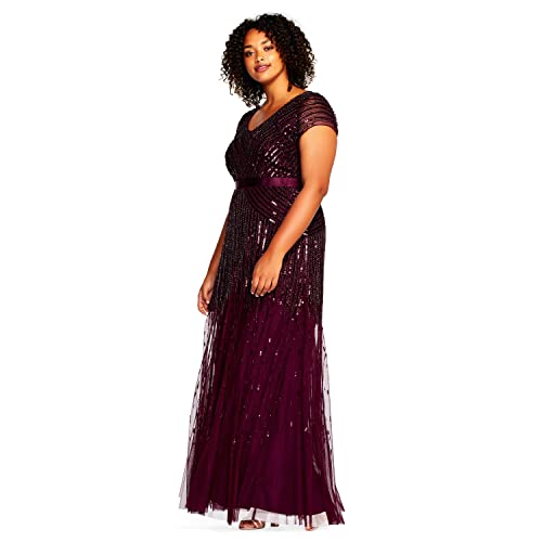 Adrianna Papell Women's Plus Size Floor Length Beaded Cap Sleeve V-Neck Dress, Cassis, 16W