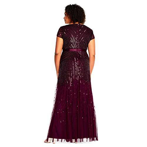 Adrianna Papell Women's Plus Size Floor Length Beaded Cap Sleeve V-Neck Dress, Cassis, 16W