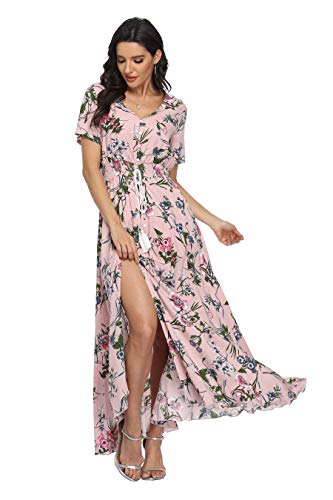 VintageClothing Women's Floral Print Maxi Dresses Boho Button Up Split Beach Party Dress,Pale Dogwood,X-Large