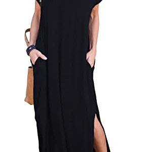 GRECERELLE Women's Casual Loose Pocket Long Dress Short Sleeve Split Maxi Dress Black X-Large