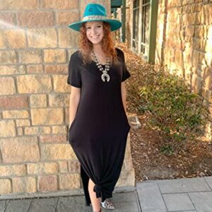 GRECERELLE Women's Casual Loose Pocket Long Dress Short Sleeve Split Maxi Dress Black X-Large