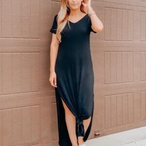 GRECERELLE Women's Casual Loose Pocket Long Dress Short Sleeve Split Maxi Dress Black X-Large