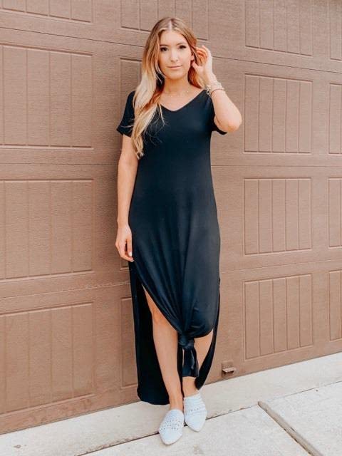 GRECERELLE Women's Casual Loose Pocket Long Dress Short Sleeve Split Maxi Dress Black X-Large