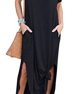 GRECERELLE Women's Casual Loose Pocket Long Dress Short Sleeve Split Maxi Dress Black X-Large