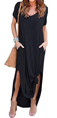 GRECERELLE Women's Casual Loose Pocket Long Dress Short Sleeve Split Maxi Dress Black X-Large