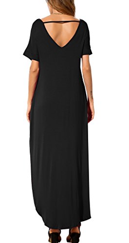 GRECERELLE Women's Casual Loose Pocket Long Dress Short Sleeve Split Maxi Dress Black X-Large