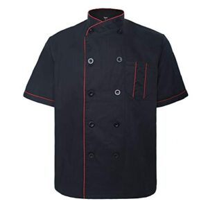 toptie unisex short sleeve chef coat jacket, black with red