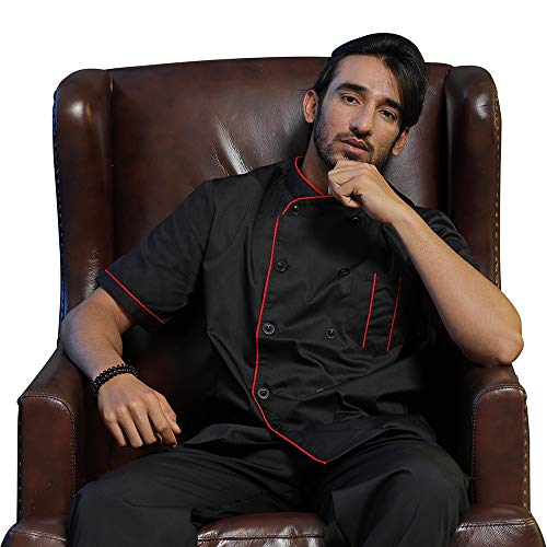 TOPTIE Unisex Short Sleeve Chef Coat Jacket, Black with Red