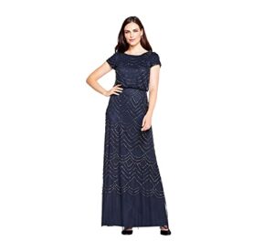 adrianna papell women's short sleeve blouson beaded gown, navy, 10