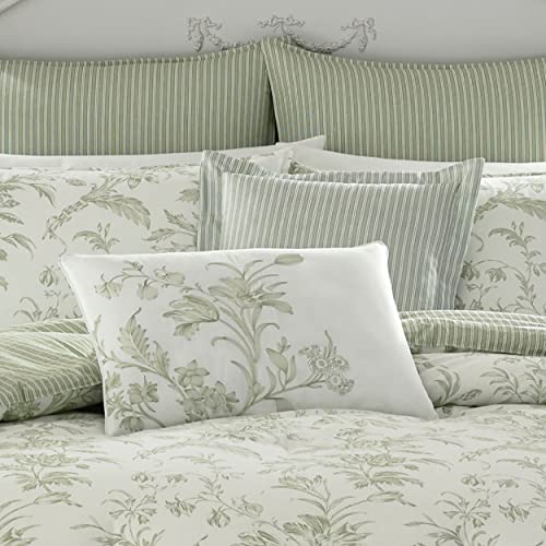 Laura Ashley Home - Queen Size Comforter Set, Reversible Cotton Bedding, Includes Matching Shams with Bonus Euro Shams & Throw Pillows (Natalie Sage/Off White, Queen)