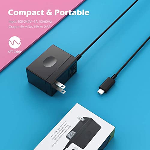 Charger for Nintendo Switch, YCCTEAM Charger AC Adapter Power Supply 15V 2.6A Fast Charging Kit Compatible with Switch OLED/Switch Dock and Pro Controller (Support TV Mode),Black