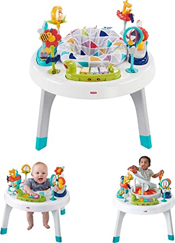 Fisher-Price Baby to Toddler Toy 2-In-1 Sit-To-Stand Activity Center with Music Lights and Spiral Ramp, Spin ‘N Play Safari