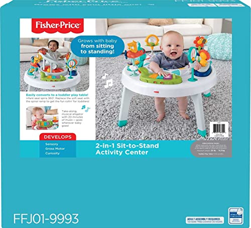 Fisher-Price Baby to Toddler Toy 2-In-1 Sit-To-Stand Activity Center with Music Lights and Spiral Ramp, Spin ‘N Play Safari