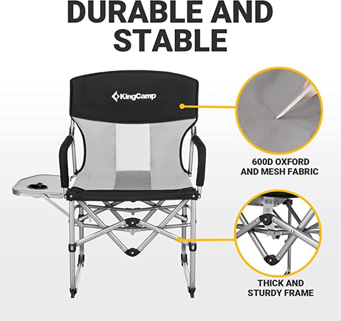 KingCamp Folding Camping, Heavy Duty Portable Directors Chairs for Adult with Side Table Mesh Back Compact Style for Outdoor, Outside,Lawn,Sports,Fishing,Beach,Picnic,Concert,Trip, Black-1 Pack