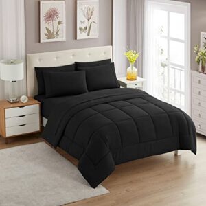 sweet home collection 7 piece comforter set bag solid color all season soft down alternative blanket & luxurious microfiber bed sheets, black, full