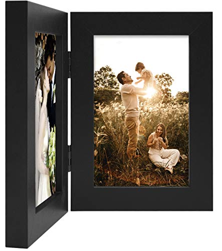 Golden State Art, 4x6 Double Picture Frame Vertical Hinged Photo Frame 2 Opening Folding Family Frames Collage, with Real Glass (4x6, Black, 1-Pack)