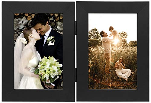 Golden State Art, 4x6 Double Picture Frame Vertical Hinged Photo Frame 2 Opening Folding Family Frames Collage, with Real Glass (4x6, Black, 1-Pack)