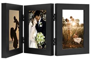 golden state art, 4x6 three picture frame trifold hinged photo frame with 3 openings, desk top family picture collage, with real glass (4x6 triple, black, 1-pack)