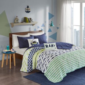 urban habitat kids reversible cotton quilt set - vibrant fun, playful print, all season children bedding coverlet bedspread, decorative pillow, bedroom décor, twin/twin xl, shark green/navy 4 piece