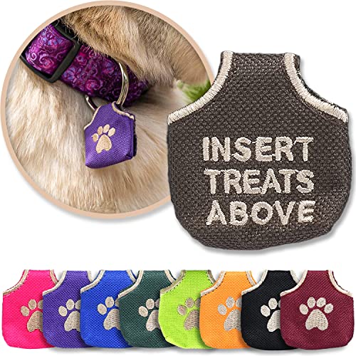 Woofhoof Dog Tag Silencer, Brown Insert Treats Above - Quiet Noisy Pet Tags - Fits Up to Four Pet IDs - Dog Tag Cover Protects Metal Pet IDs, Made of Durable Nylon, Universal Fit, Machine Washable