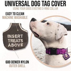 Woofhoof Dog Tag Silencer, Brown Insert Treats Above - Quiet Noisy Pet Tags - Fits Up to Four Pet IDs - Dog Tag Cover Protects Metal Pet IDs, Made of Durable Nylon, Universal Fit, Machine Washable