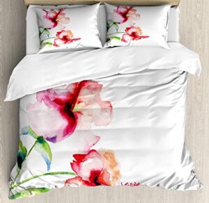 ambesonne watercolor flower duvet cover set, hibiscus flowers on plain background in pastel colors nature theme, decorative 3 piece bedding set with 2 pillow shams, queen size, red white