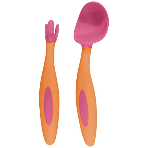 b.box toddler cutlery set - easy grip handles, travel case, unique fork design | Designed by occupational therapist | Dishwasher safe, BPA free | Ages 9 mo+ (Strawberry Shake)