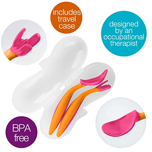 b.box toddler cutlery set - easy grip handles, travel case, unique fork design | Designed by occupational therapist | Dishwasher safe, BPA free | Ages 9 mo+ (Strawberry Shake)