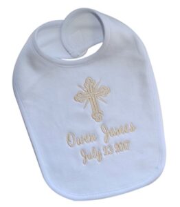 funny girl designs christening bib keepsake gift personalized and embroidered cross name and baptism date in ivory thread