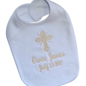 Funny Girl Designs Christening Bib Keepsake Gift Personalized and Embroidered Cross Name and Baptism Date in IVORY THREAD