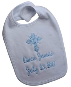 funny girl designs christening bib for baby boys personalized with baptism date and name in light blue thread