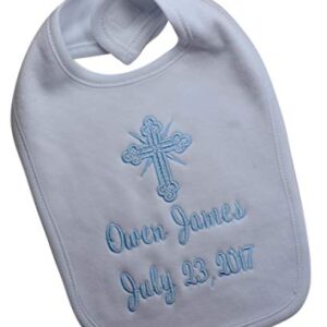 Funny Girl Designs Christening Bib for Baby Boys Personalized with Baptism Date and Name in LIGHT BLUE THREAD