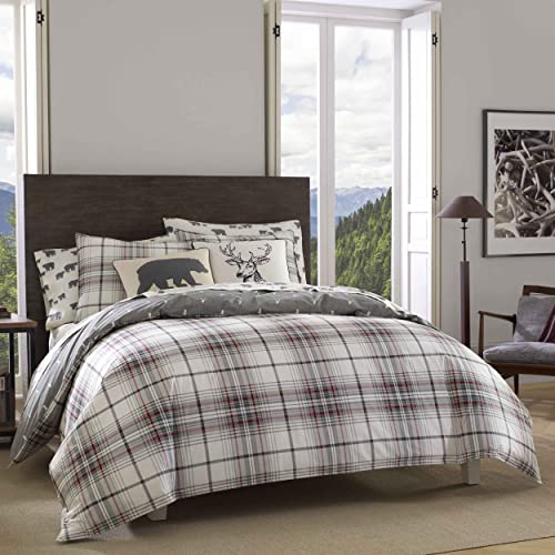 Eddie Bauer - Queen Duvet Cover Set, Cotton Reversible Bedding with Matching Shams, Plaid Home Decor for All Seasons (Alder Charcoal/Red, Queen)