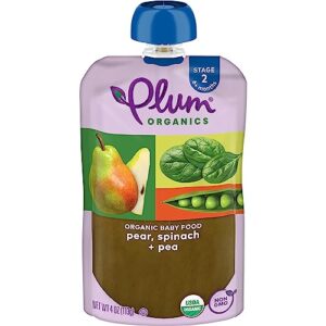 Plum Organics | Stage 2 | Organic Baby Food Meals [6+ Months] | Pear, Spinach & Pea | 4 Ounce Pouch (Pack Of 6)