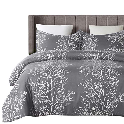 Vaulia Lightweight Cooling Microfiber Duvet Cover Set, Grey and White Floral Branches Printed Pattern All Season - Queen Size, 3-Piece Set (1 Duvet Cover 2 Pillow Shams)