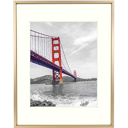 Frametory, 11x14 Aluminum Photo Frame with Ivory Color Mat for 8x10 Picture & Real Glass, Metal Picture Frame Collection (Gold, 1-Pack)