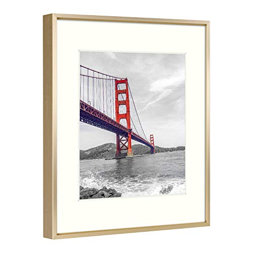 Frametory, 11x14 Aluminum Photo Frame with Ivory Color Mat for 8x10 Picture & Real Glass, Metal Picture Frame Collection (Gold, 1-Pack)