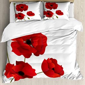 Ambesonne Floral Duvet Cover Set, Poppy Flowers Vivid Petals Buds Pastoral Purity Mother Earth Nature Design, Decorative 3 Piece Bedding Set with 2 Pillow Shams, Queen Size, Red Green