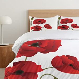 Ambesonne Floral Duvet Cover Set, Poppy Flowers Vivid Petals Buds Pastoral Purity Mother Earth Nature Design, Decorative 3 Piece Bedding Set with 2 Pillow Shams, Queen Size, Red Green