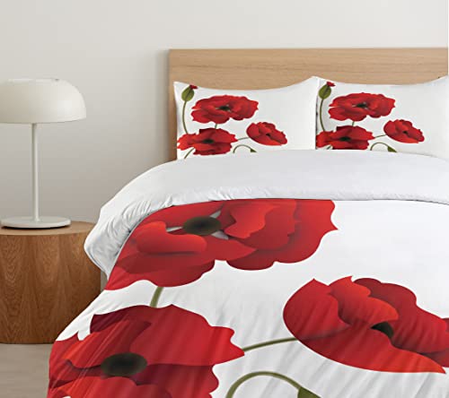 Ambesonne Floral Duvet Cover Set, Poppy Flowers Vivid Petals Buds Pastoral Purity Mother Earth Nature Design, Decorative 3 Piece Bedding Set with 2 Pillow Shams, Queen Size, Red Green