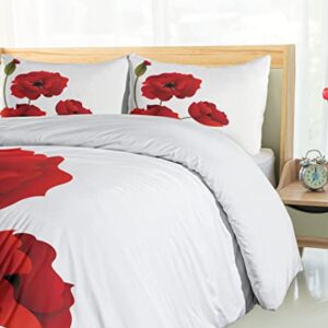 Ambesonne Floral Duvet Cover Set, Poppy Flowers Vivid Petals Buds Pastoral Purity Mother Earth Nature Design, Decorative 3 Piece Bedding Set with 2 Pillow Shams, Queen Size, Red Green