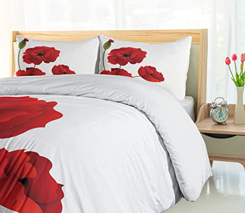 Ambesonne Floral Duvet Cover Set, Poppy Flowers Vivid Petals Buds Pastoral Purity Mother Earth Nature Design, Decorative 3 Piece Bedding Set with 2 Pillow Shams, Queen Size, Red Green