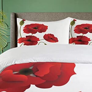 Ambesonne Floral Duvet Cover Set, Poppy Flowers Vivid Petals Buds Pastoral Purity Mother Earth Nature Design, Decorative 3 Piece Bedding Set with 2 Pillow Shams, Queen Size, Red Green