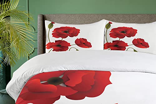 Ambesonne Floral Duvet Cover Set, Poppy Flowers Vivid Petals Buds Pastoral Purity Mother Earth Nature Design, Decorative 3 Piece Bedding Set with 2 Pillow Shams, Queen Size, Red Green