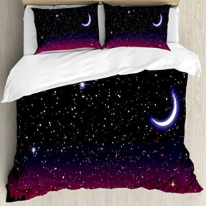 Ambesonne Night Duvet Cover Set, Red Sky at Starry Landscape and Mountains Astrology Astronomy, Decorative 3 Piece Bedding Set with 2 Pillow Shams, Queen Size, Indigo Magenta Black