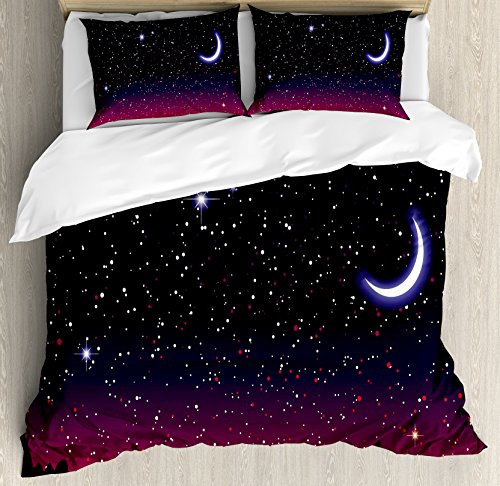 Ambesonne Night Duvet Cover Set, Red Sky at Starry Landscape and Mountains Astrology Astronomy, Decorative 3 Piece Bedding Set with 2 Pillow Shams, Queen Size, Indigo Magenta Black