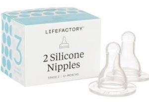 Lifefactory 9oz Glass Baby Bottle 2pk Bundle with 2 Stage 3 Nipples (Grape/Raspberry)