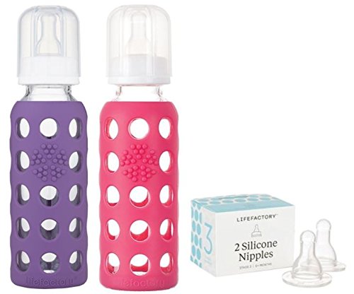 Lifefactory 9oz Glass Baby Bottle 2pk Bundle with 2 Stage 3 Nipples (Grape/Raspberry)