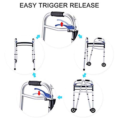 Compact Folding Walker for Seniors by Health Line Massage Products, Standard Walker with 5 inch Wheels and Trigger Release, Mobility Aids Walker Supports up to 350 lbs (Ski Glides Included)